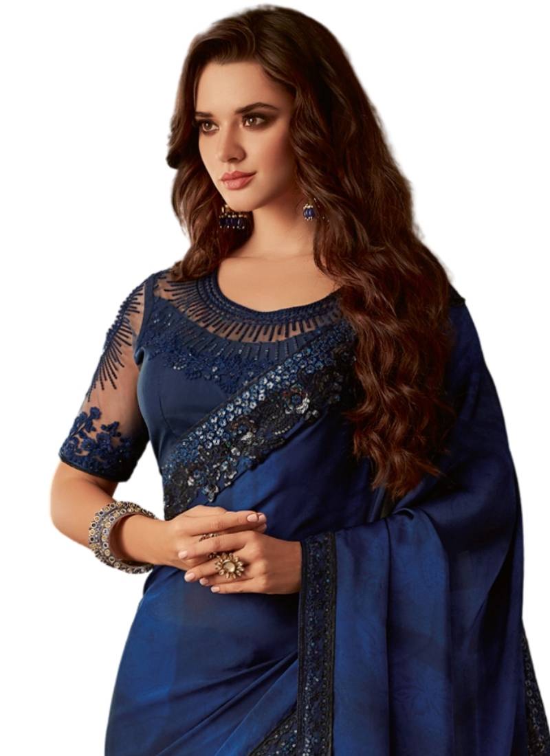 Blue embroidered crepe saree - Brijraj - 3314892