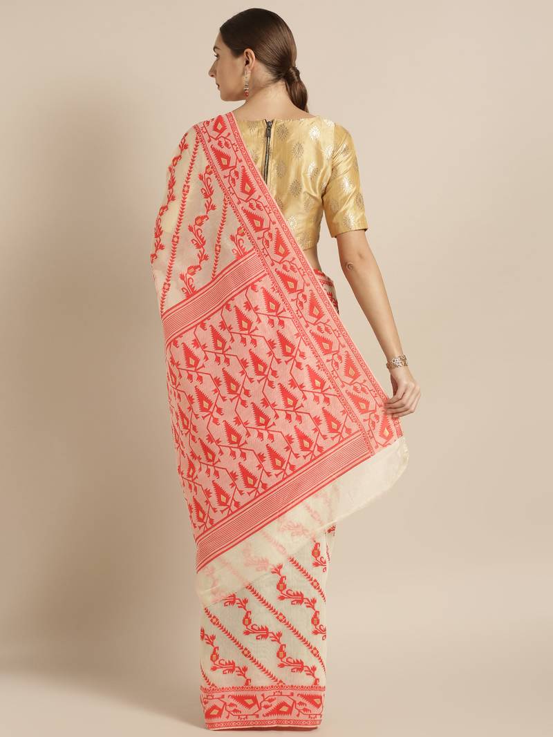 White Woven Cotton Saree With Blouse - VASTRANAND - 3316019