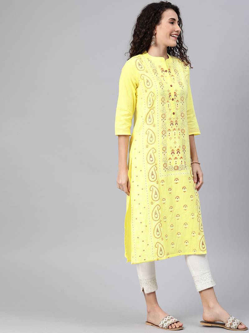 Light-yellow printed cotton ethnic-kurtis - Alena - 3320682