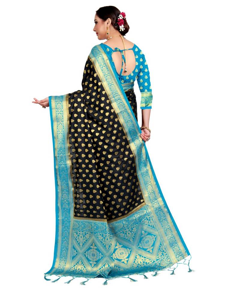 Black woven nylon saree with blouse - Amegh - 3320720