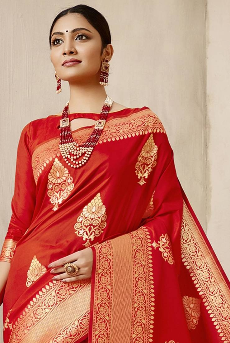 Red Color Jacquard Silk Party Wear Saree With Blouse Piece - SHAKUNT ...