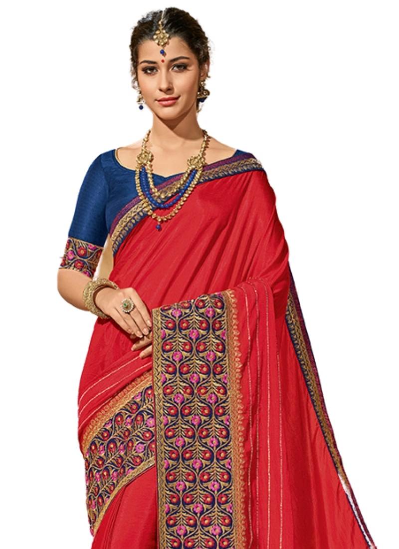 Suave Cherry Red Embroidered Saree - Brijraj - 3326867
