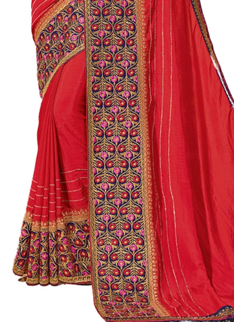 Suave Cherry Red Embroidered Saree - Brijraj - 3326867