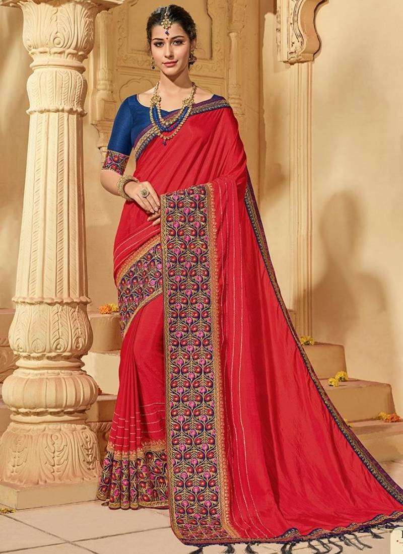 Suave Cherry Red Embroidered Saree - Brijraj - 3326867