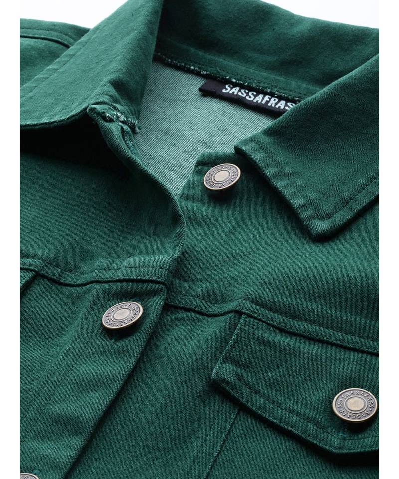 Emerald Green Denim Belted Jacket - SASSAFRAS - 3333544