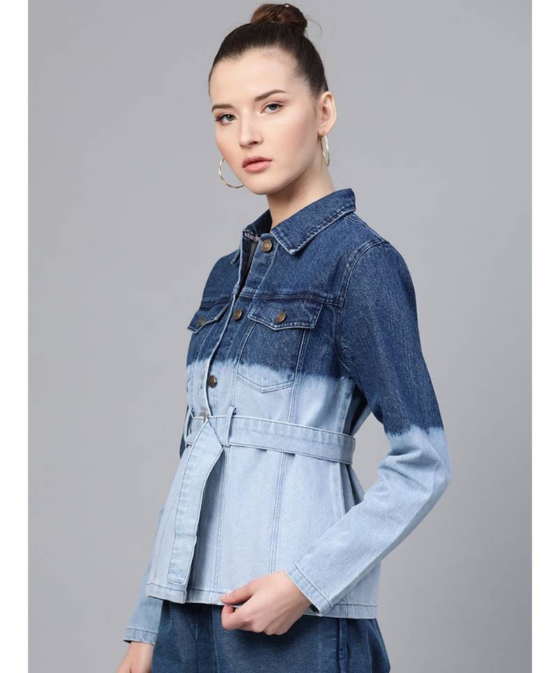 Navy & Blue Ombre Wash Belted Denim Jacket - SASSAFRAS - 3333548