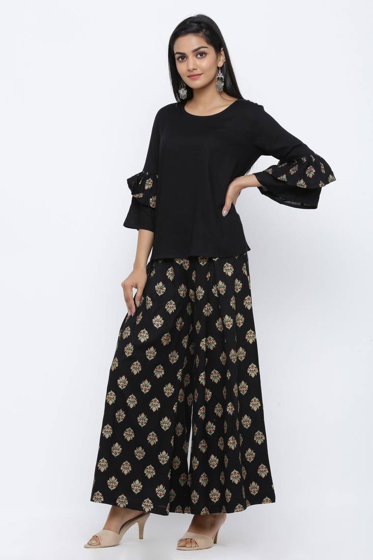 Women's Black Rayon Slub Gold Print Top Palazzo Set - KIPEK - 3335033