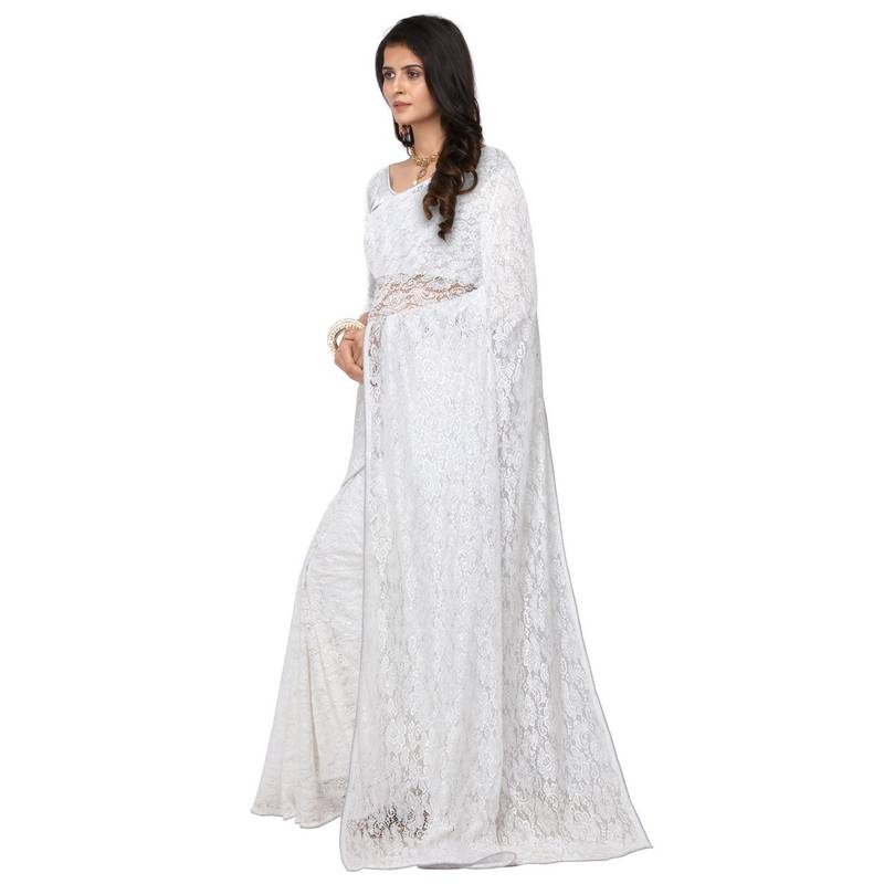 White Plain net saree with blouse - vastramrut - 3304807