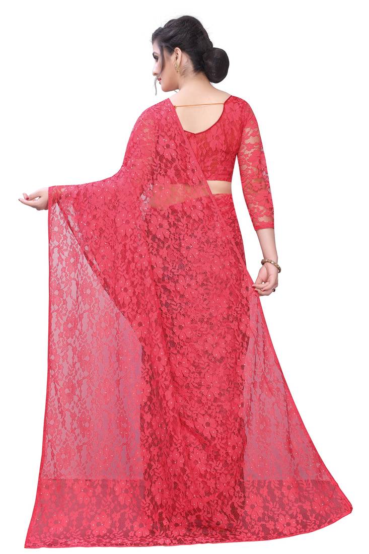 Light red plain net saree with blouse - ZELLY - 3335770