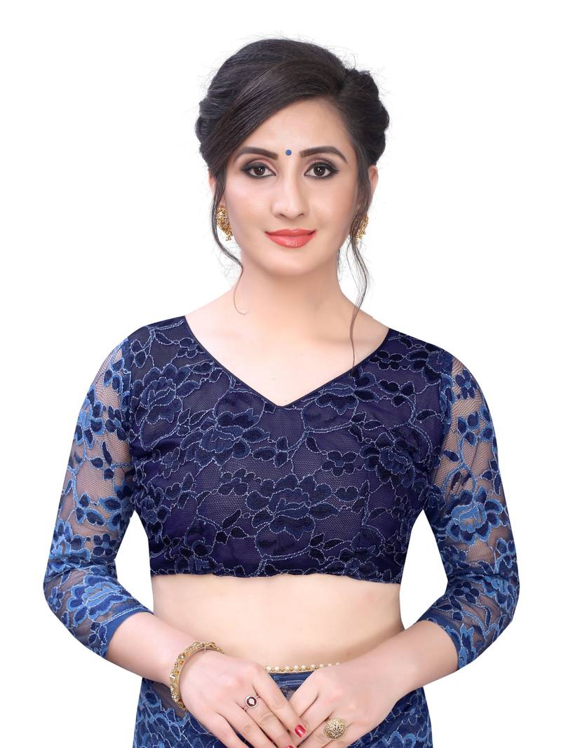 Navy blue plain net saree with blouse - ZELLY - 3335771