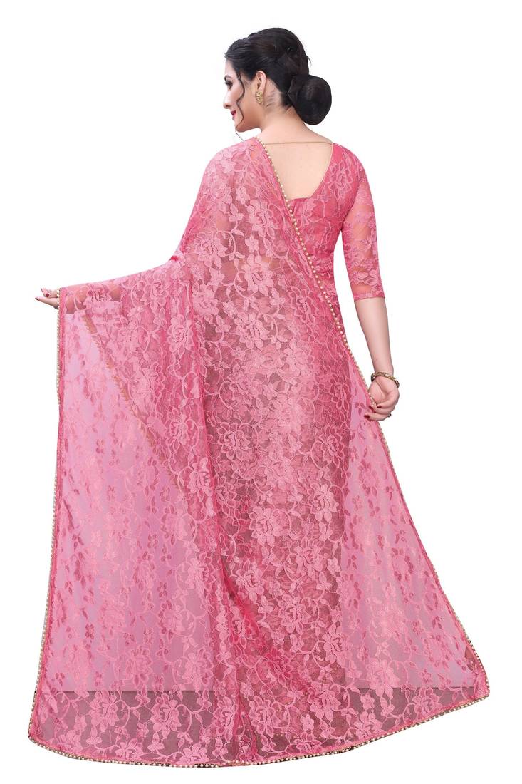 Pink plain net saree with blouse - ZELLY - 3335773