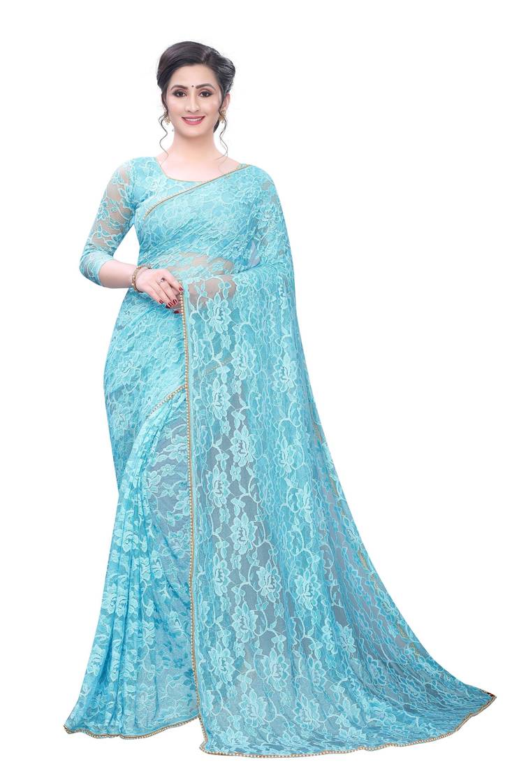 Sky blue plain net saree with blouse - ZELLY - 3335778