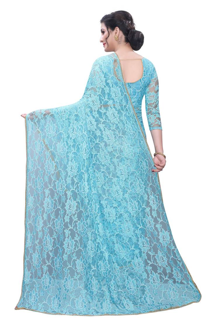 Sky blue plain net saree with blouse - ZELLY - 3335778