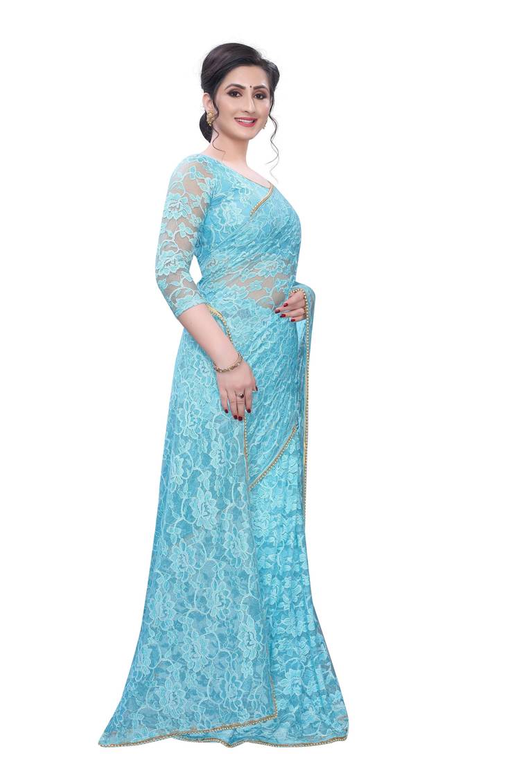 Sky blue plain net saree with blouse - ZELLY - 3335778