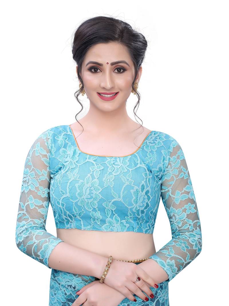 Sky blue plain net saree with blouse - ZELLY - 3335778