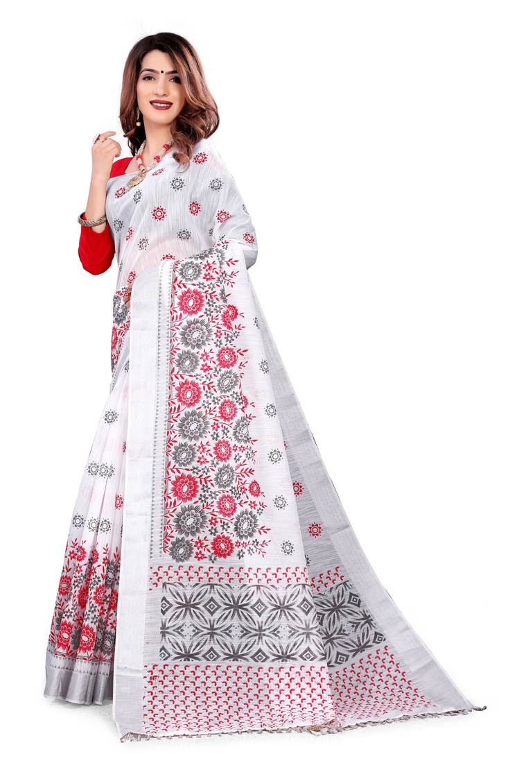 White printed blended cotton saree with blouse - Kimisha - 3338690