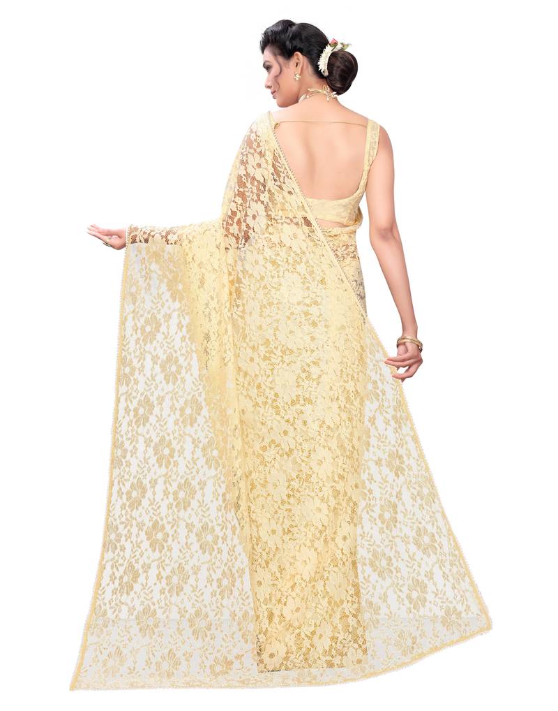 Cream plain net saree with blouse - Satrani Fashion - 3340675