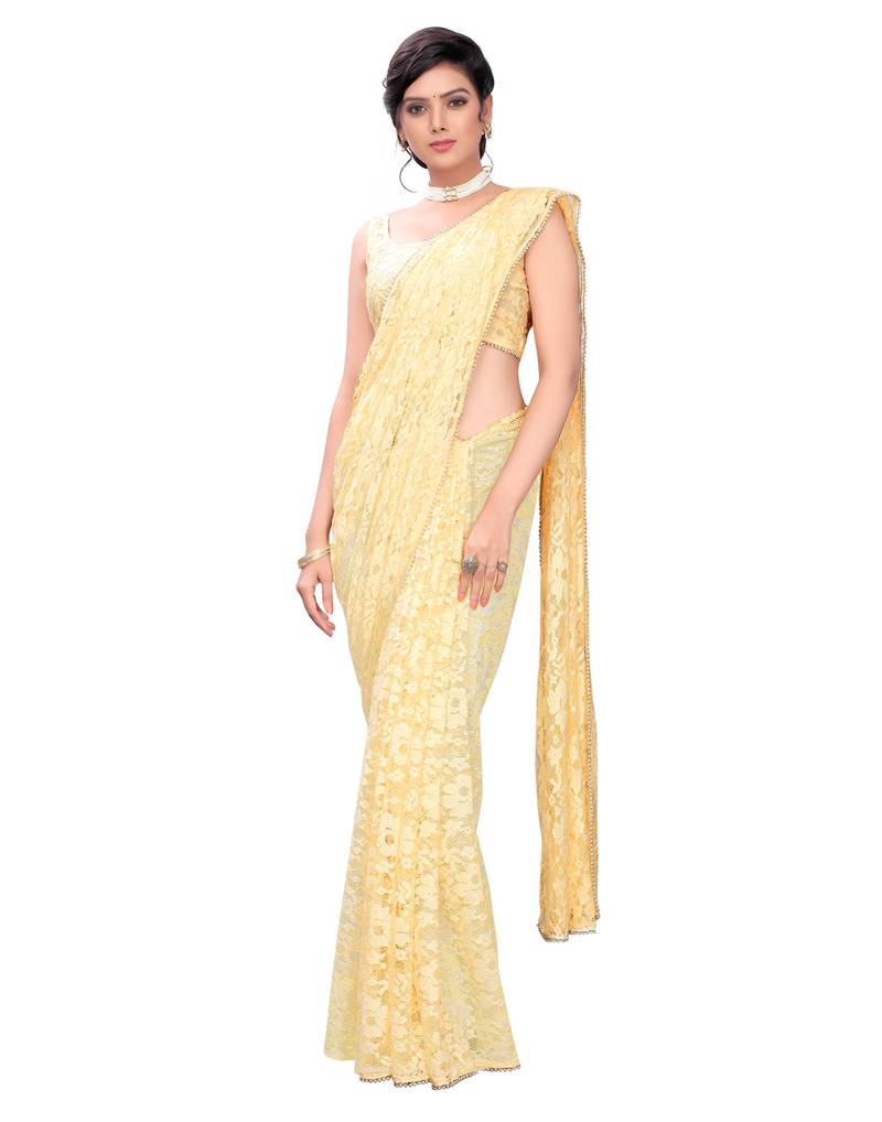 Cream plain net saree with blouse - Satrani Fashion - 3340675