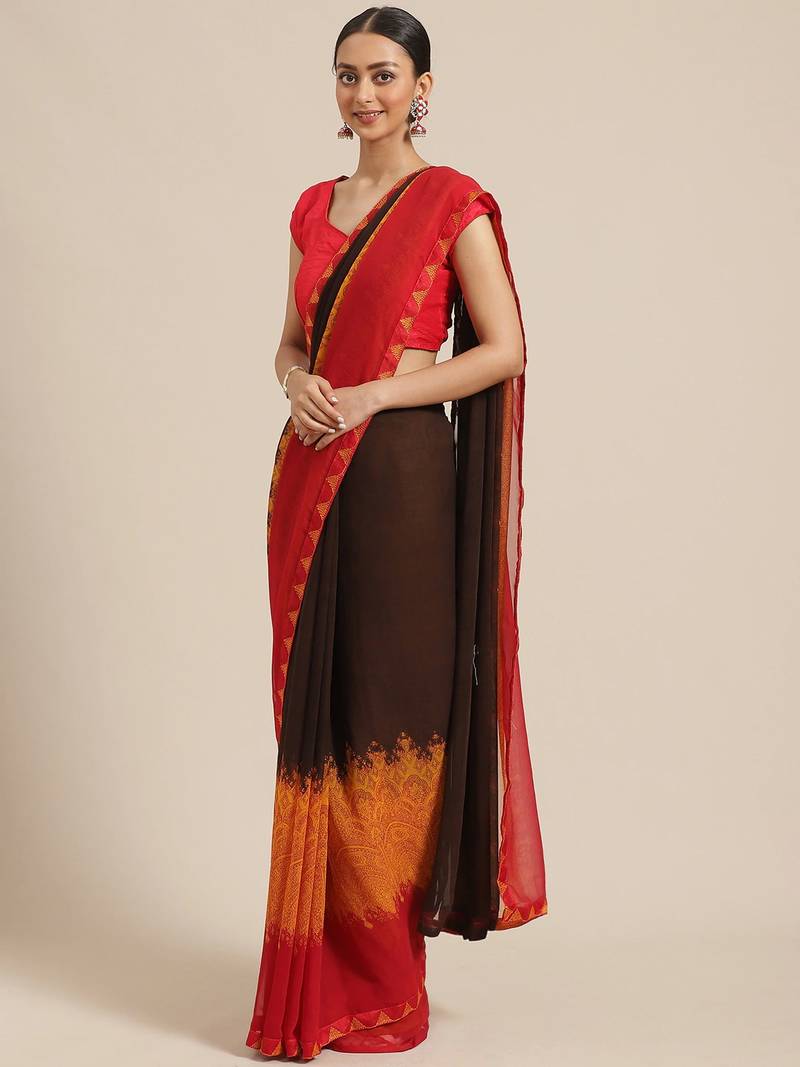 Women's Brown & Multi Georgette Printed Saree - Shaily - 3341140