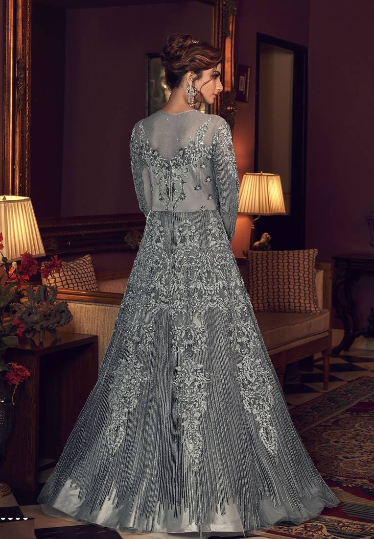 Silver embroidered net salwar - REBOOT FASHIONS - 3342229