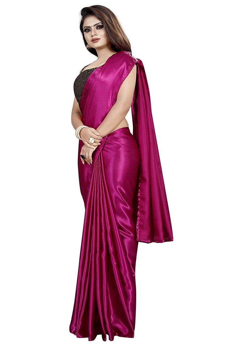Dark rani pink plain fancy fabric saree with blouse - FashionFort - 3339144