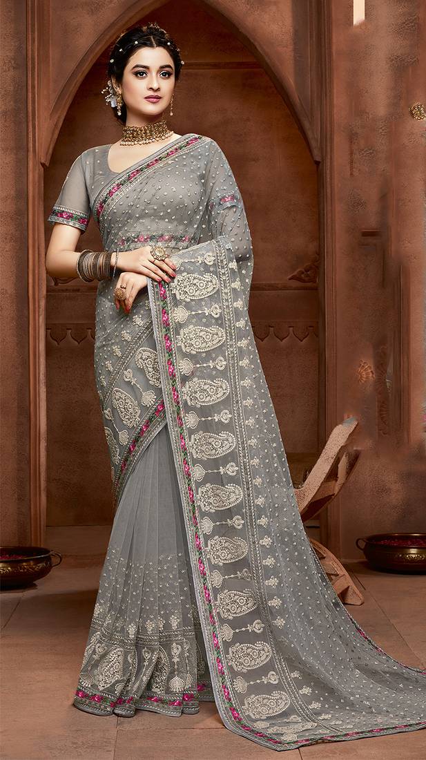 Grey embroidered net saree with blouse - Monjolika - 3345454