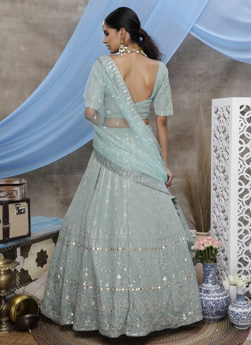 Green plain georgette unstitched lehenga - Rajasthanibazar - 3347681