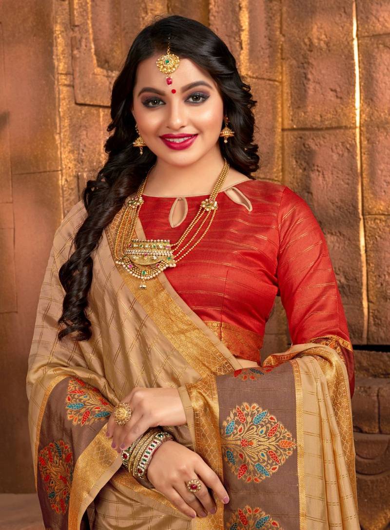Beige woven art silk saree with blouse - Viva N Diva - 3348047