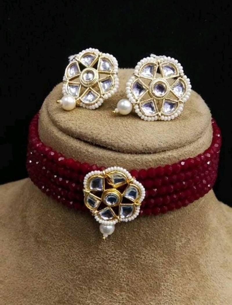 Maroon crystal party-jewellery - Jaipuri Fabric - 3349447