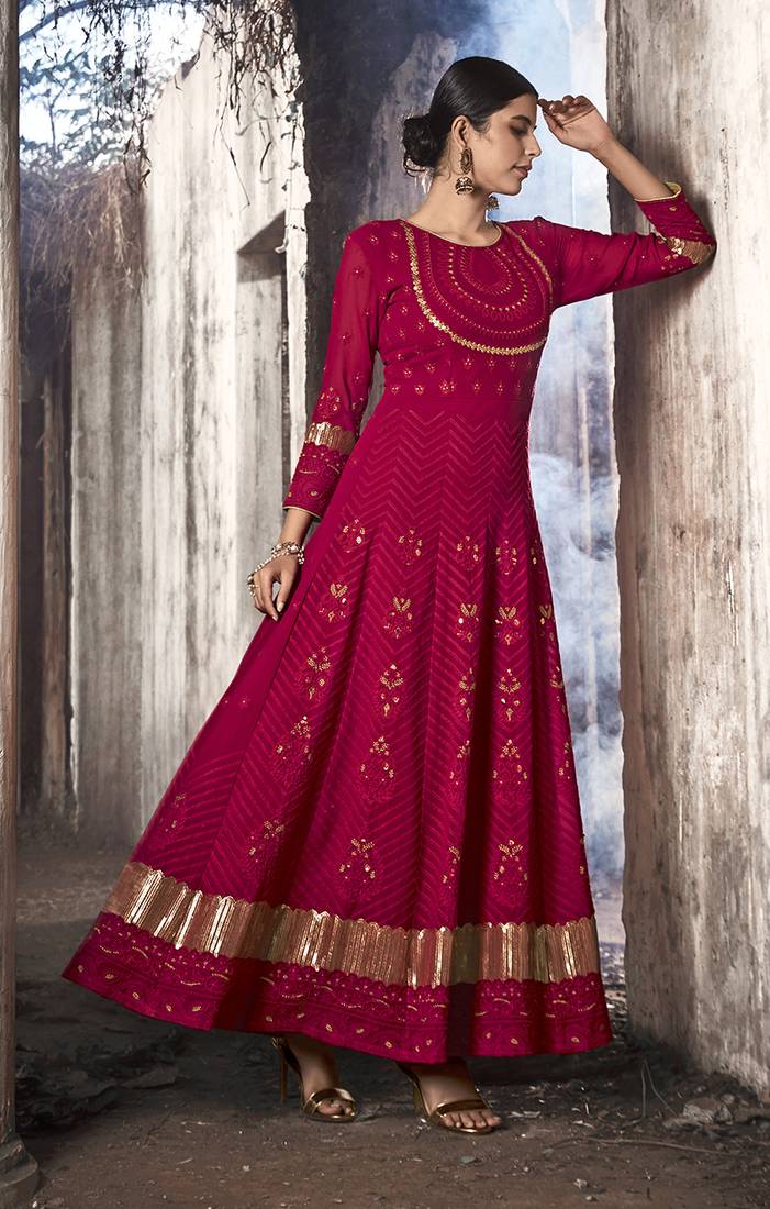 Red embroidered georgette salwar - Monjolika - 3349704