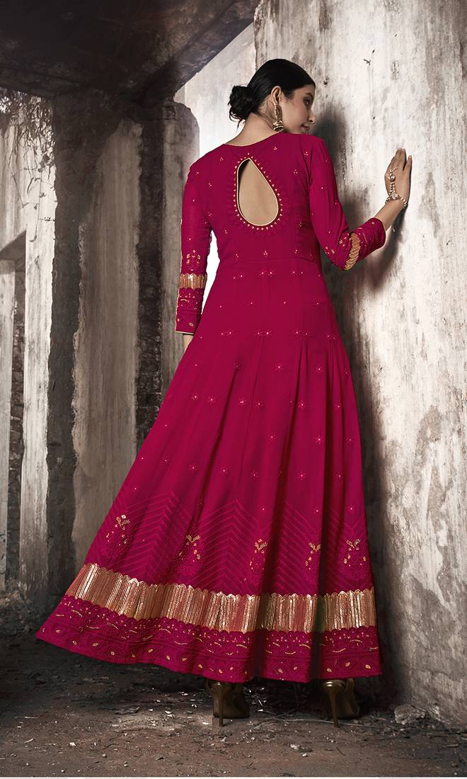 Red embroidered georgette salwar - Monjolika - 3349704
