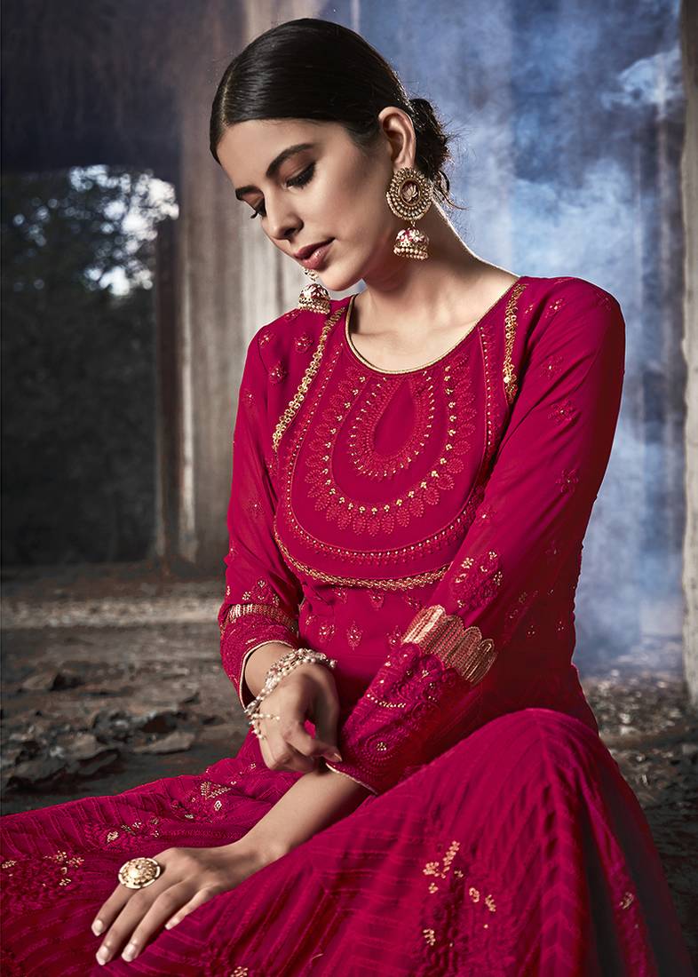 Red embroidered georgette salwar - Monjolika - 3349704