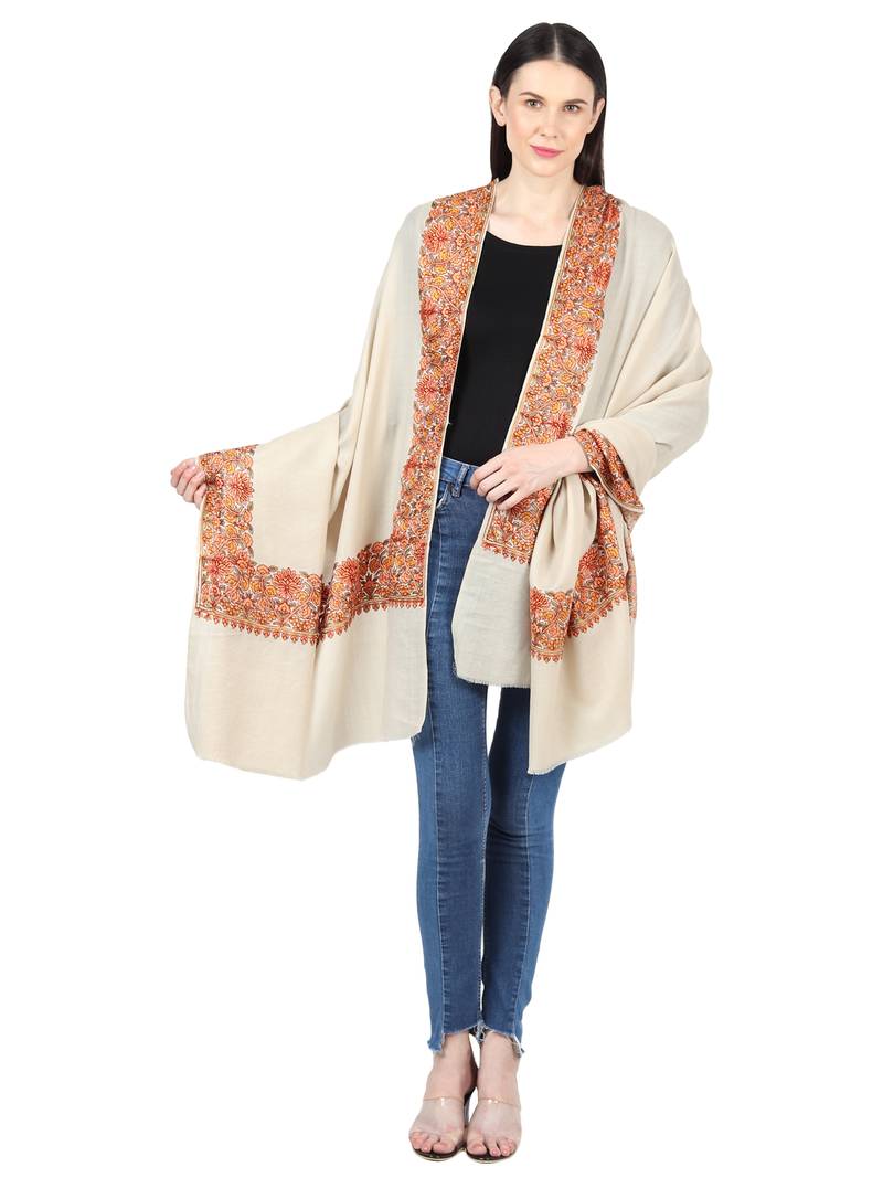 Silky Pashmina Fine Wool Nalki Border Embroidered Needle Work Shawl ...