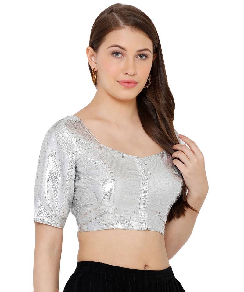 Women's Silver Sequance Readymade Saree Blouse - Om Clothing - 3353407