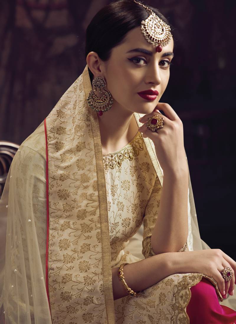 White Jacquard Indian Designer Suit - Vasu Sarees - 3354889