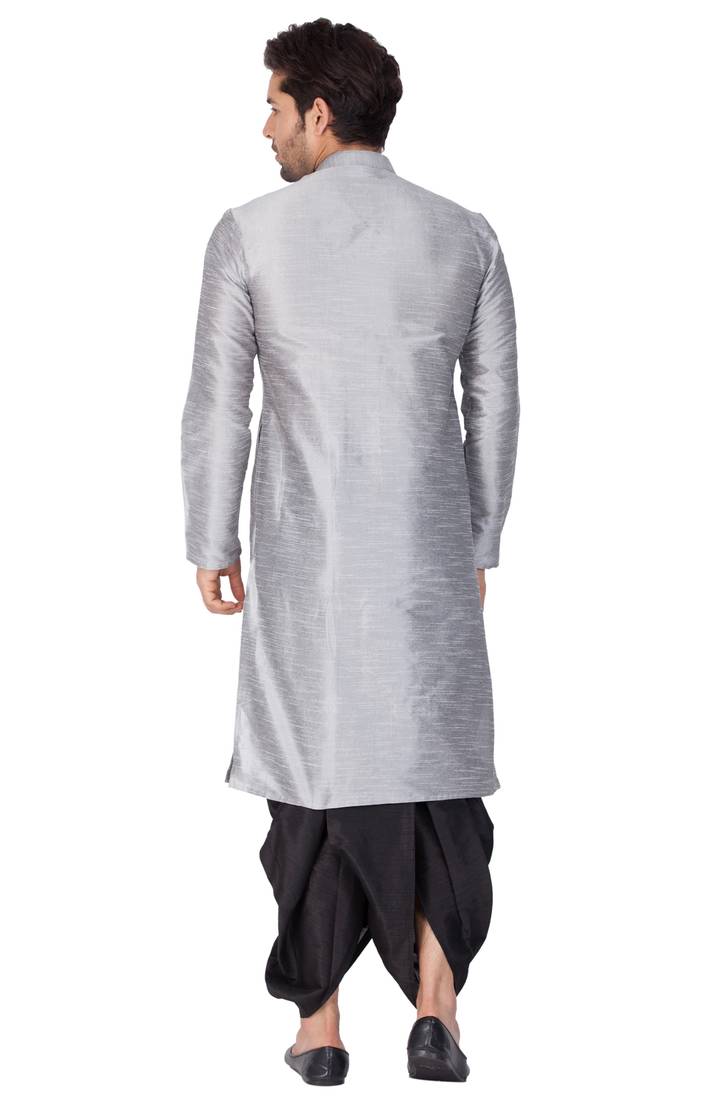 Grey plain silk blend dhoti-kurta - VASTRAMAY - 3355960