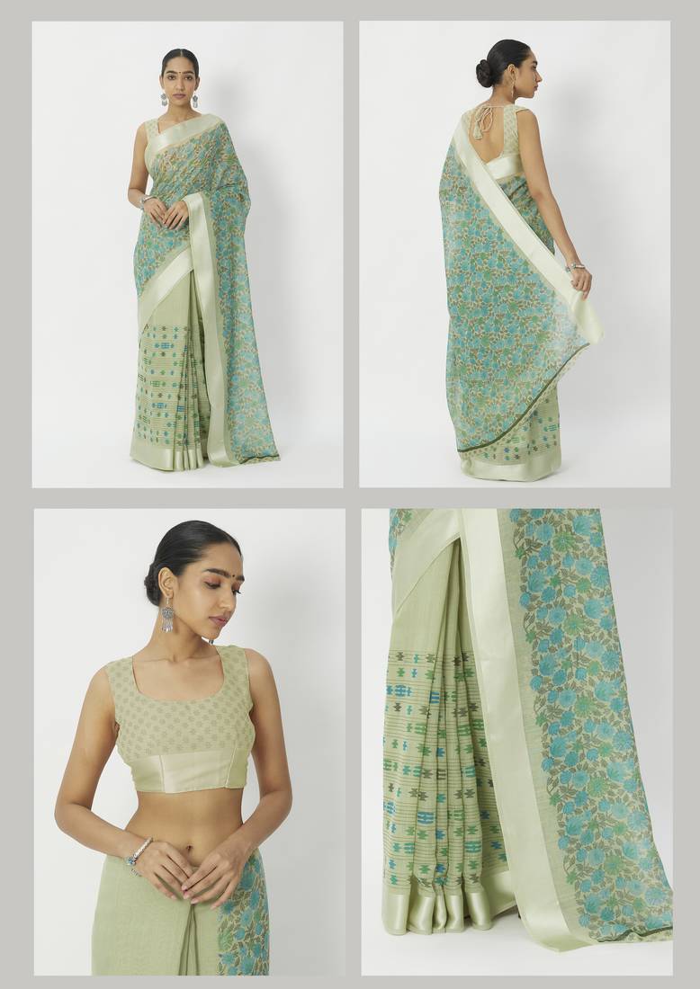 Designer Linen Cotton With Satin Border Printed Work Saree - Roykals ...