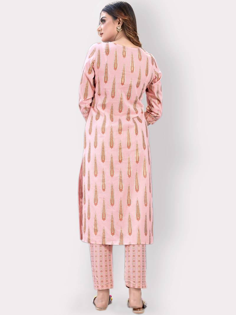 Women'S Foil Print Straight Cotton Light Pink Kurti With Pant Set ...
