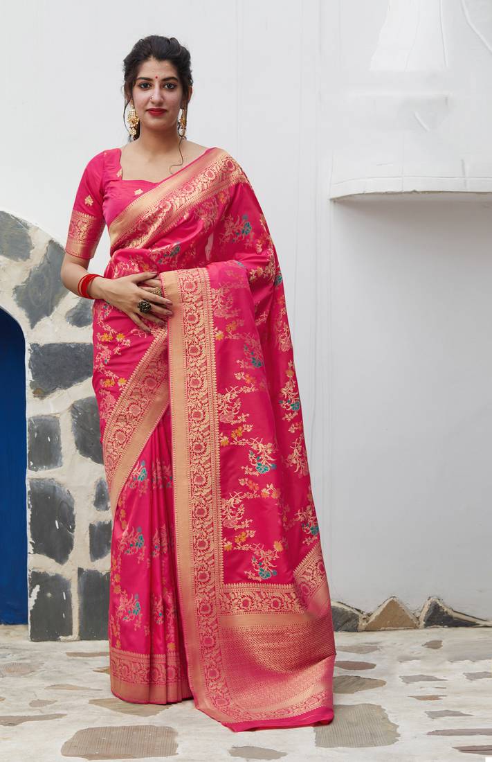 Rani pink woven semi silk saree with blouse - Lilots - 3362031