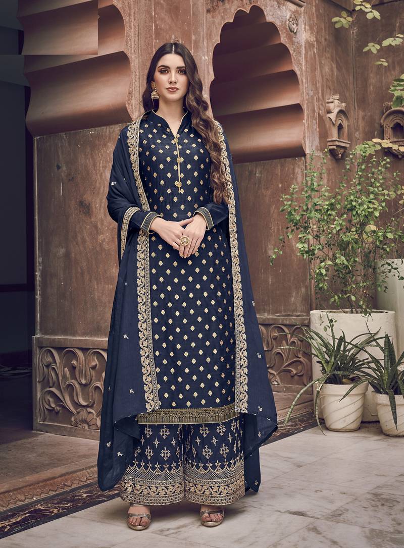 Dark-blue embroidered jacquard salwar - REBOOT FASHIONS - 3365260