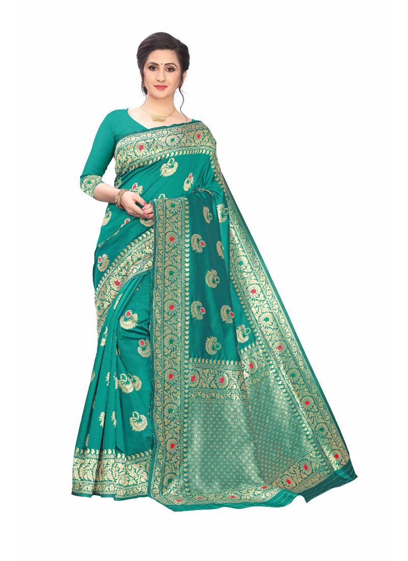 Turquoise woven jacquard saree with blouse - Leeza Store - 3365670