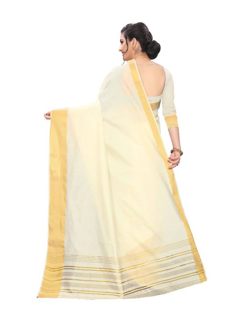 Off white plain tissue saree with blouse - Leeza Store - 3365734