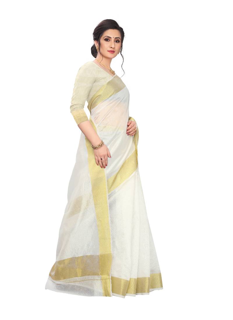 White plain tissue saree with blouse - Leeza Store - 3365735