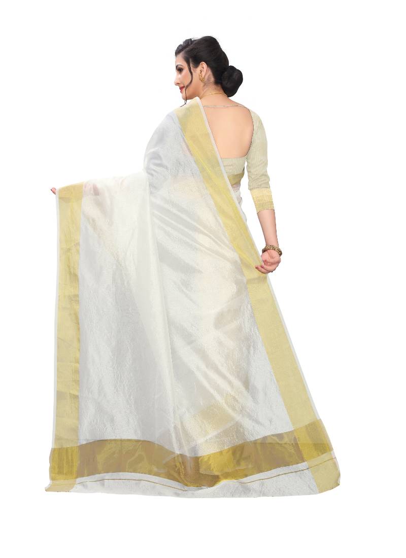 White plain tissue saree with blouse - Leeza Store - 3365735