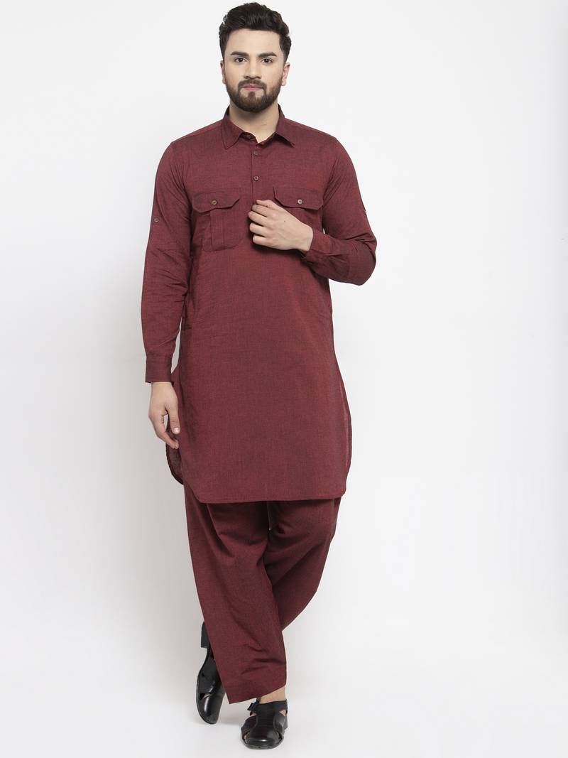 Maroon woven cotton men-kurtas - Abhiyuthan - 3365800