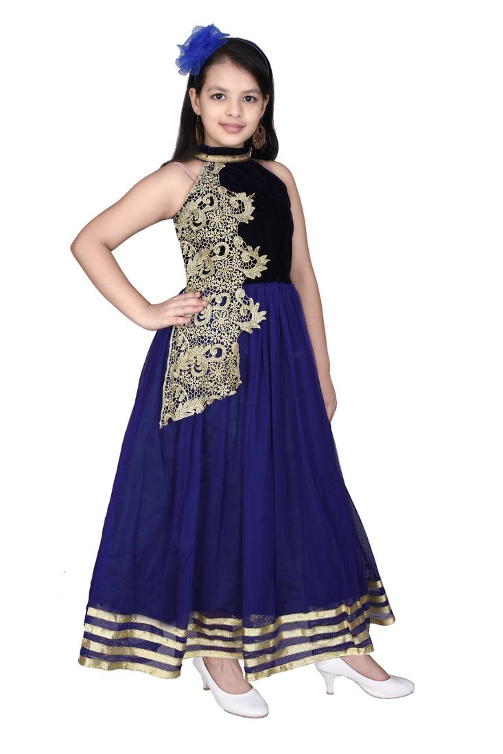 blue plain satin kids girl gowns - Kbkidswear - 3366436