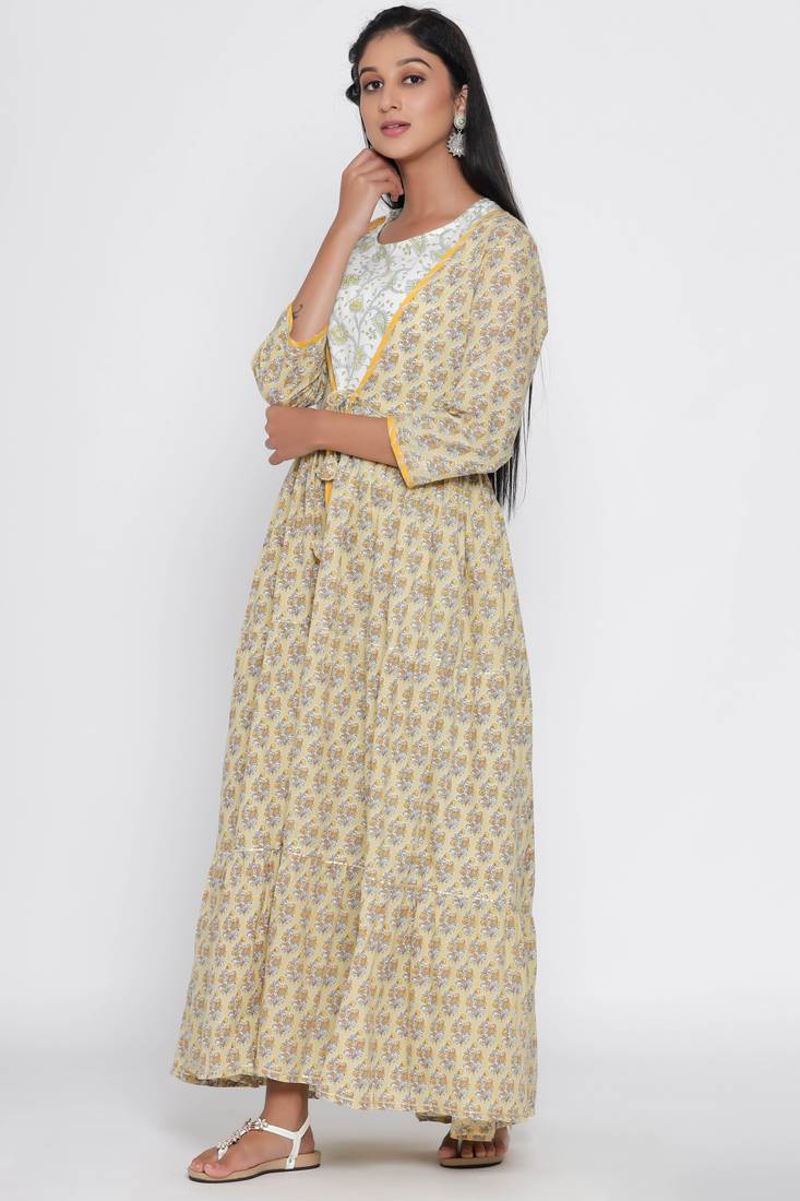 Women's Lemon Cotton Cambric Floral Hand Block Print Anarkali Dress ...
