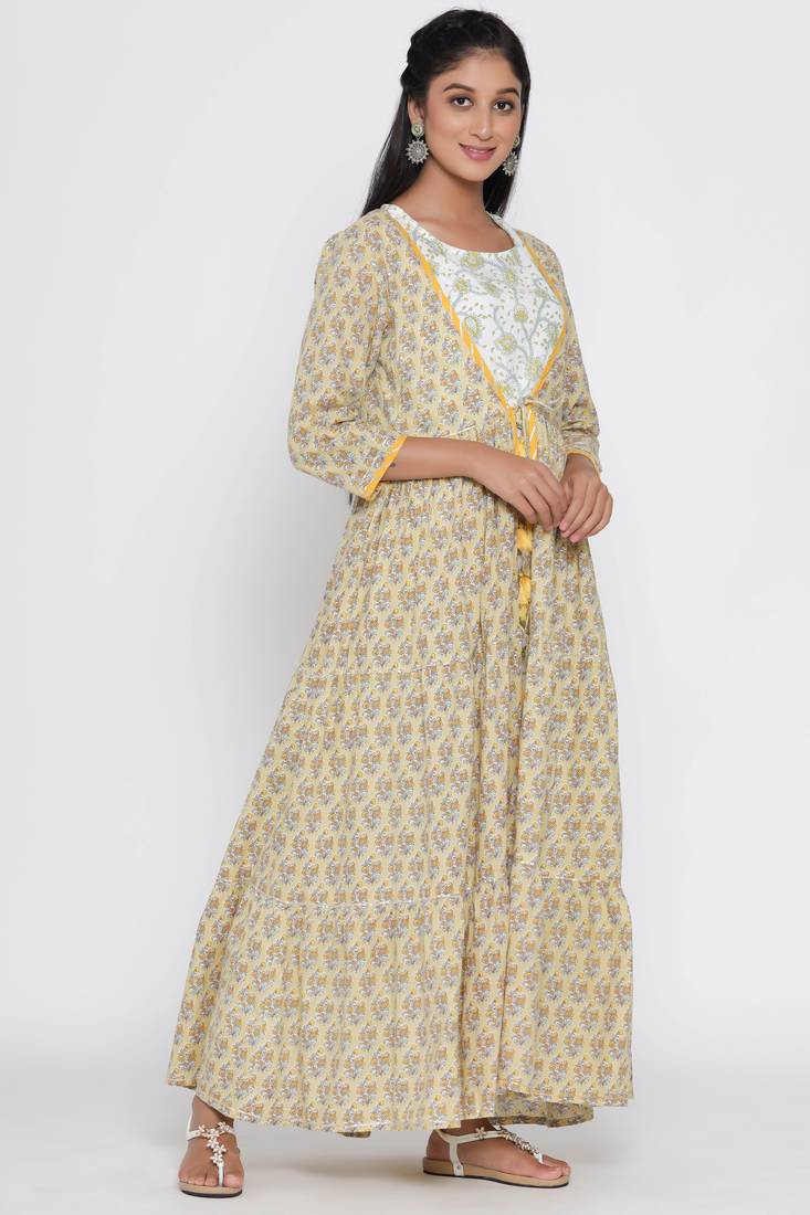 Women's Lemon Cotton Cambric Floral Hand Block Print Anarkali Dress ...