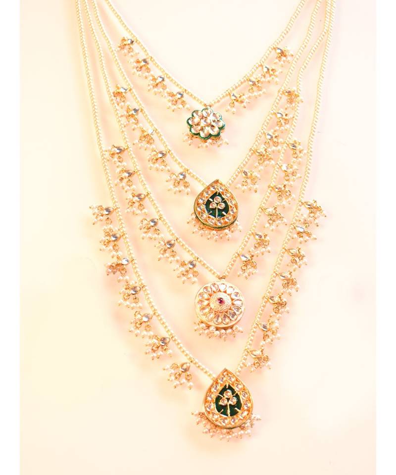 Royal Multi Layered Long Necklace set with White Beads and Kundan ...