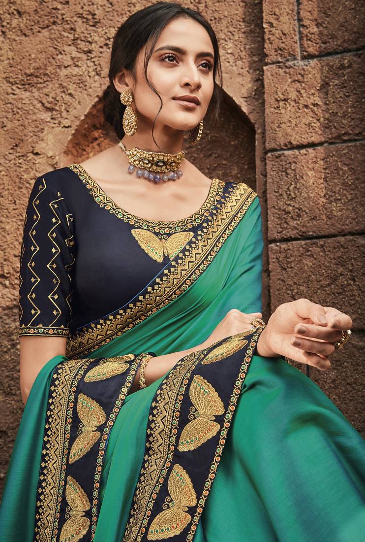 Dark sky blue embroidered satin saree with blouse - Lilots - 3367533